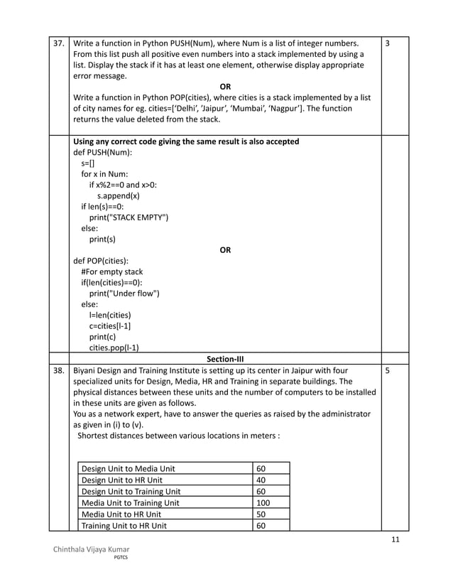 GVKCV Computer Science(083) Pre board sample paper 2 Class 12 (20-21) with solutions | PDF