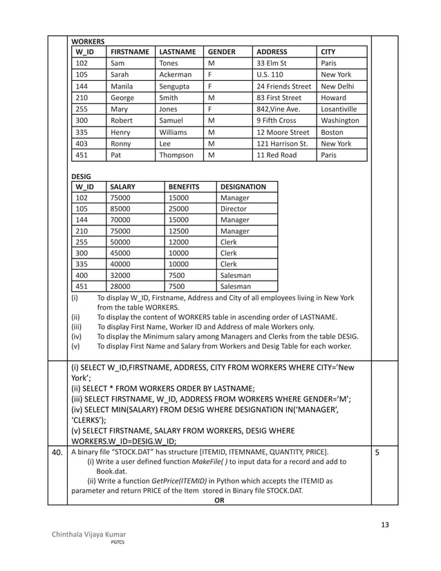 GVKCV Computer Science(083) Pre board sample paper 2 Class 12 (20-21 ...
