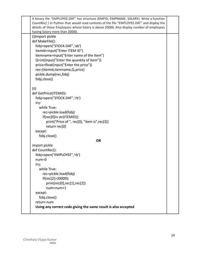 GVKCV Computer Science(083) Pre board sample paper 2 Class 12 (20-21) with solutions | PDF