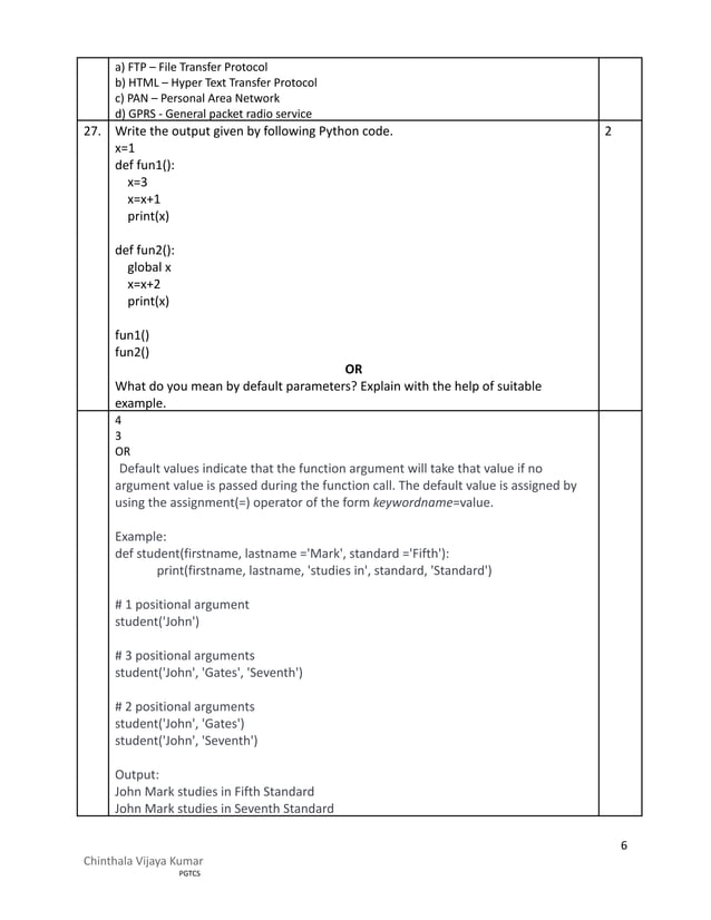 GVKCV Computer Science(083) Pre board sample paper 2 Class 12 (20-21) with solutions | PDF