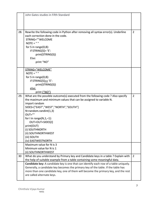GVKCV Computer Science(083) Pre board sample paper 2 Class 12 (20-21 ...