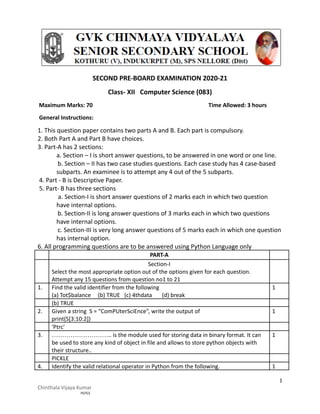 GVKCV Computer Science(083) Pre board sample paper 2 Class 12 (20-21 ...