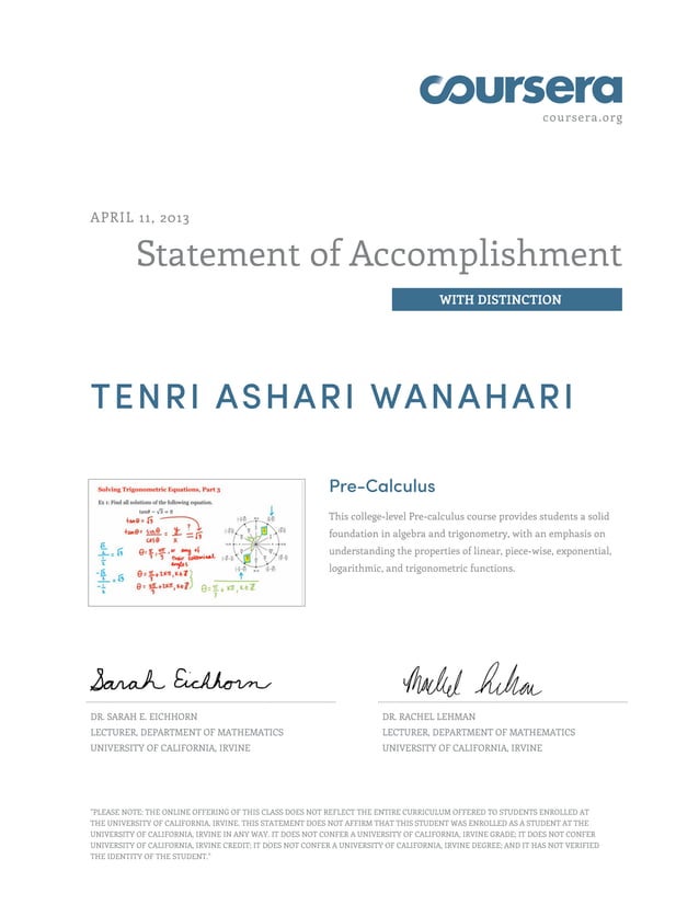 Coursera Certificate: Pre-Calculus | PDF