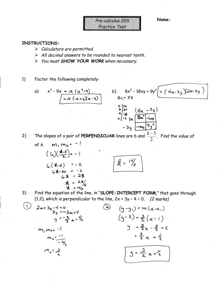 Precal practice test answer key