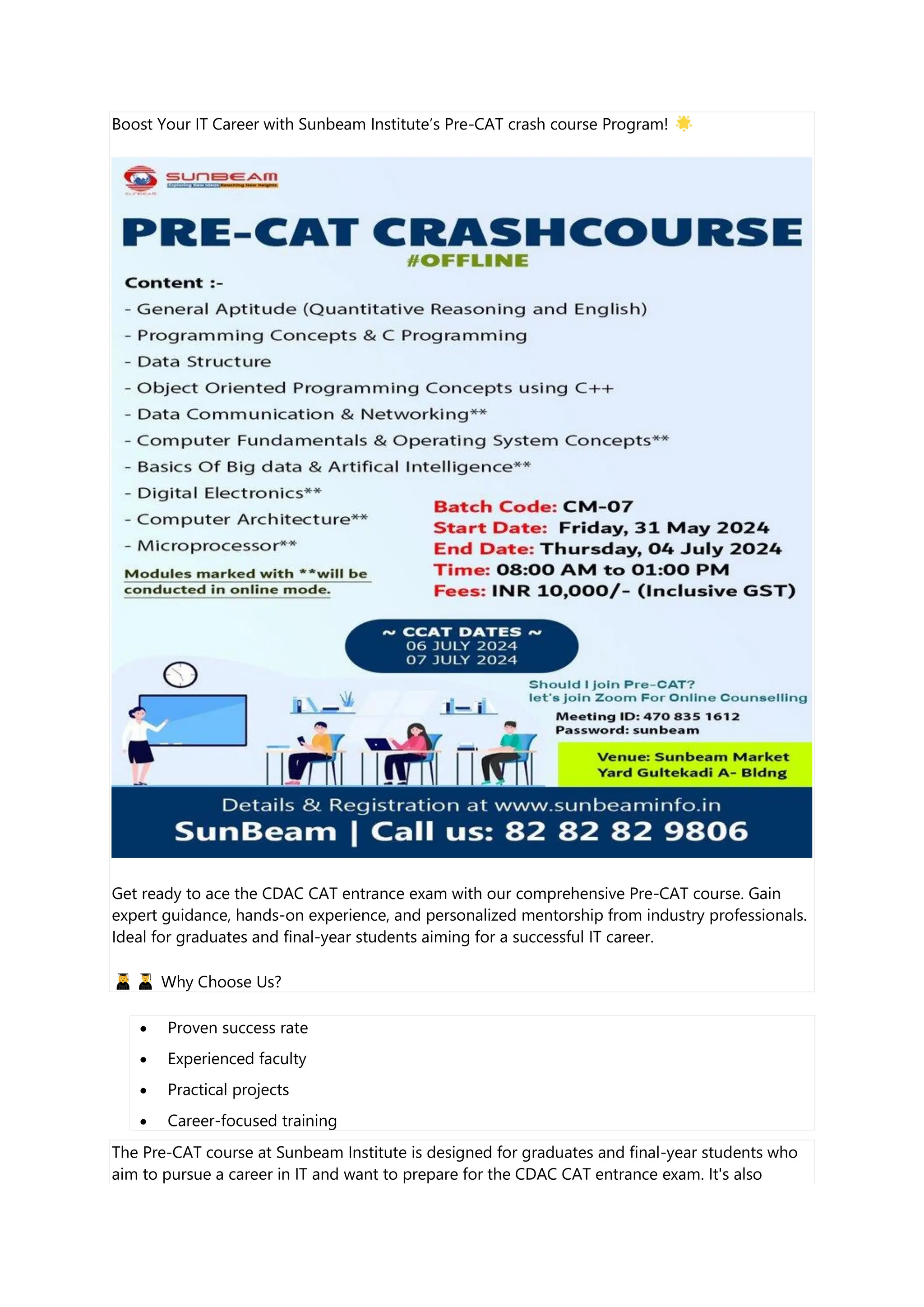 Sunbeam Institute’s Pre-CAT crash course Program | PDF