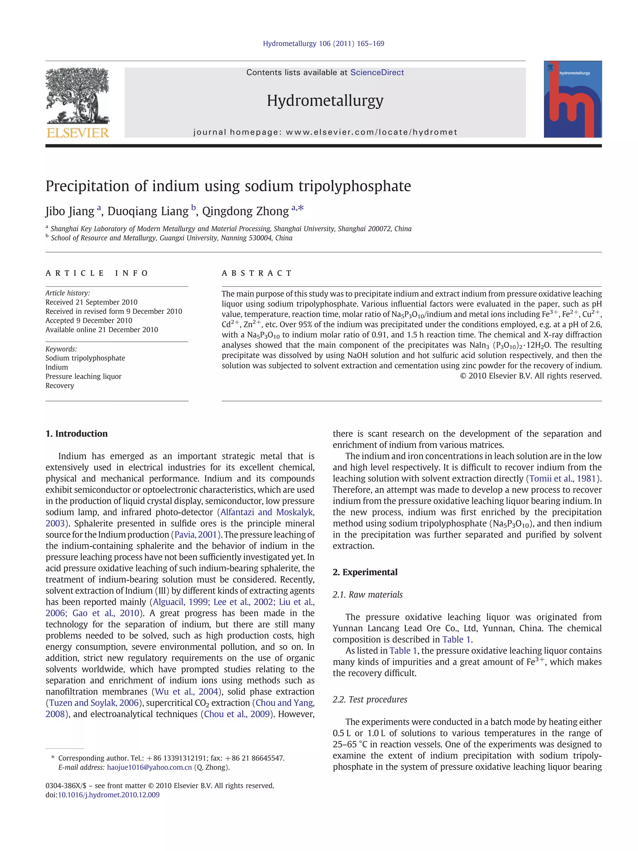 Precipitation of indium using sodium tripolyphosphate | PDF