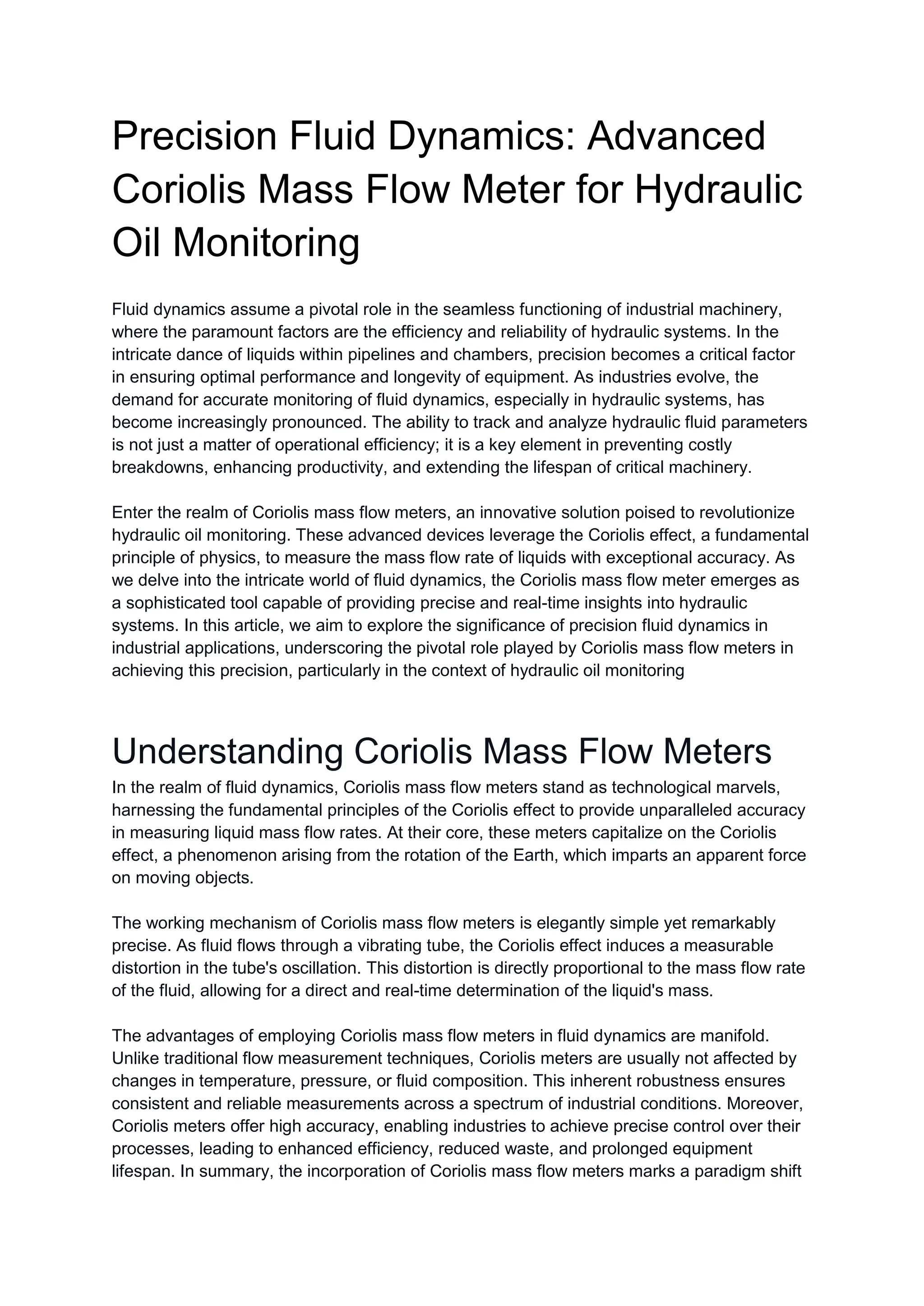 Precision Fluid Dynamics_ Advanced Coriolis Mass Flow Meter for Hydraulic Oil Monitoring | PDF