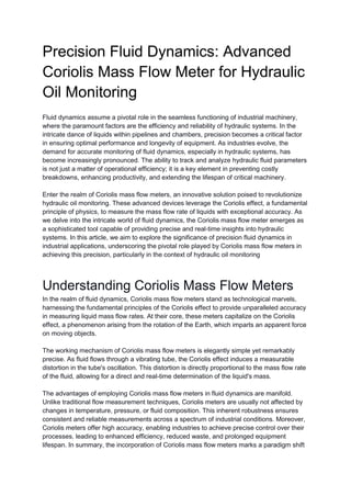 Precision Fluid Dynamics_ Advanced Coriolis Mass Flow Meter for Hydraulic Oil Monitoring | PDF