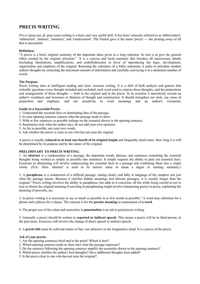 Precis Writing Fundamentals | PDF