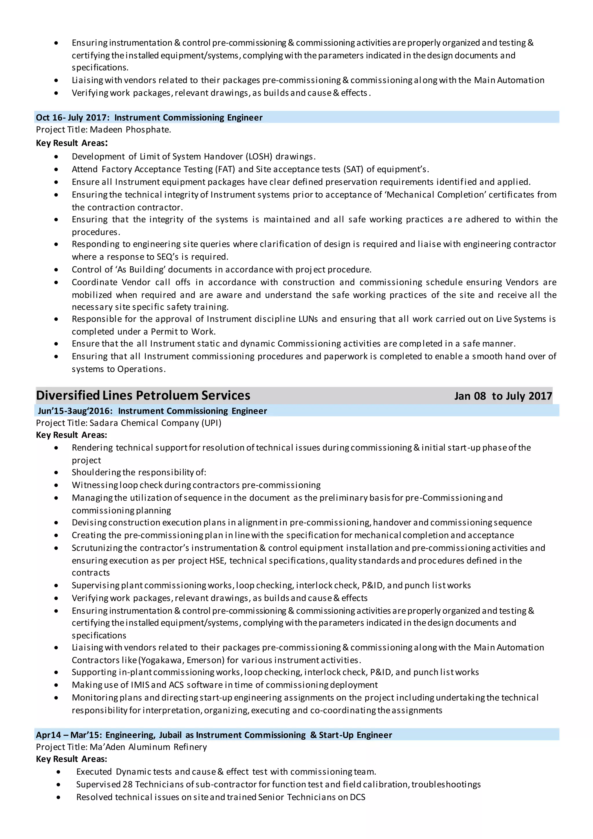 Pre commissioning Instrument Engineer | DOCX