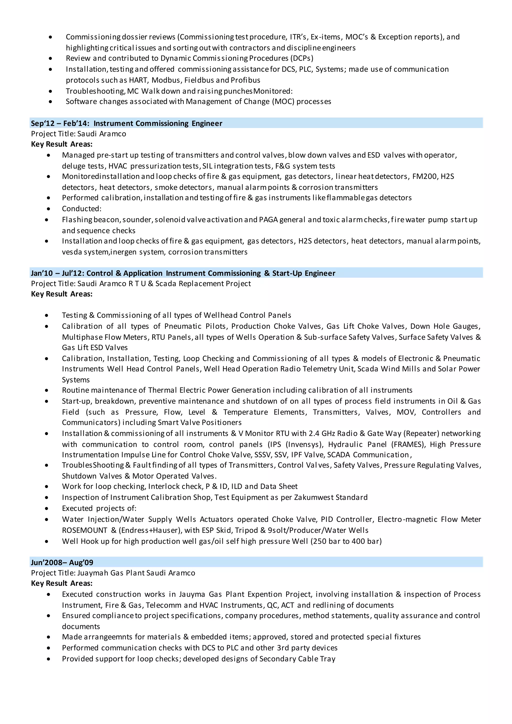 Pre commissioning Instrument Engineer | DOCX