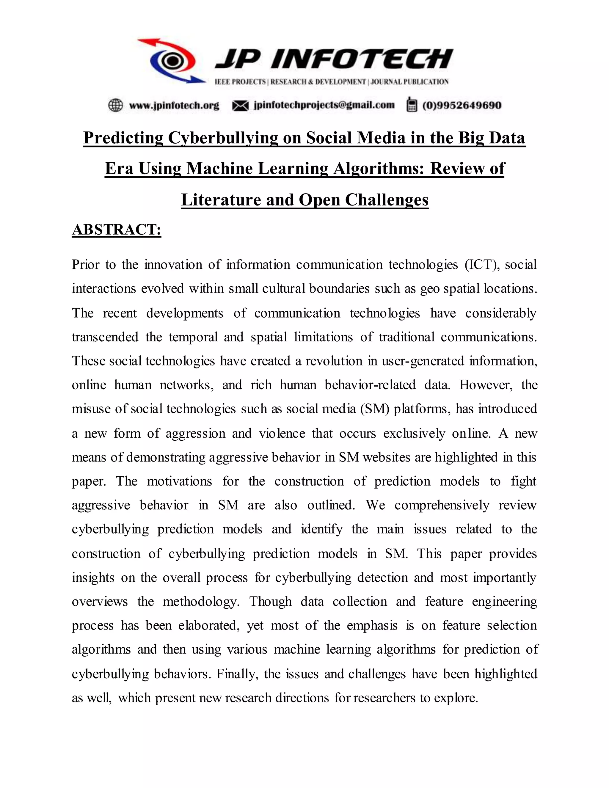 Predicting Cyberbullying on Social Media in the Big Data Era Using ...