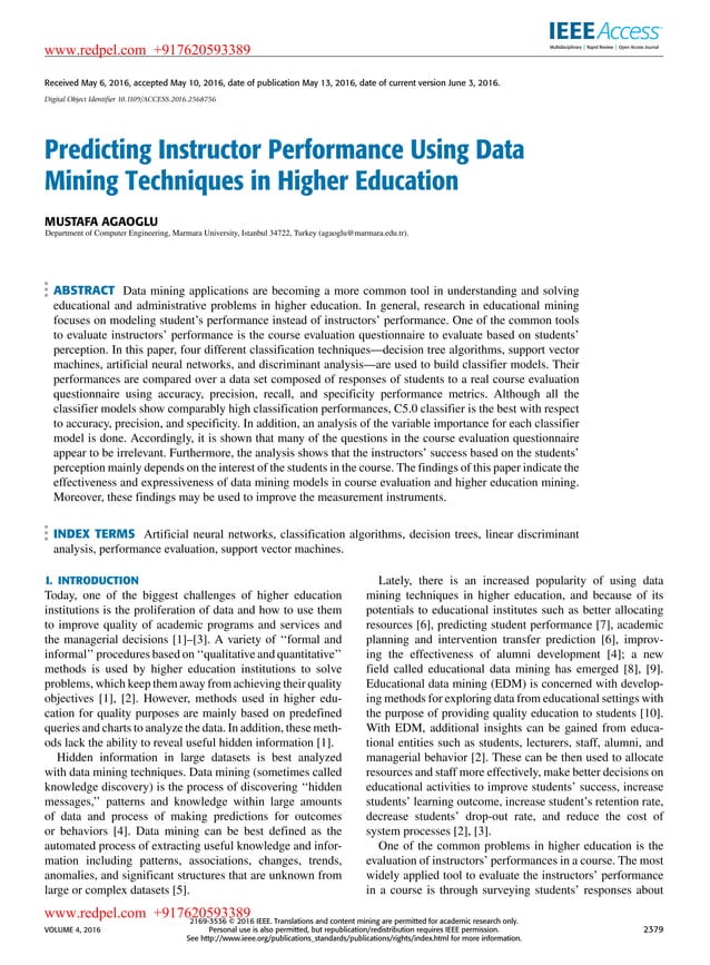 Predicting Instructor Performance Using Data Mining Techniques In Higher Education Pdf