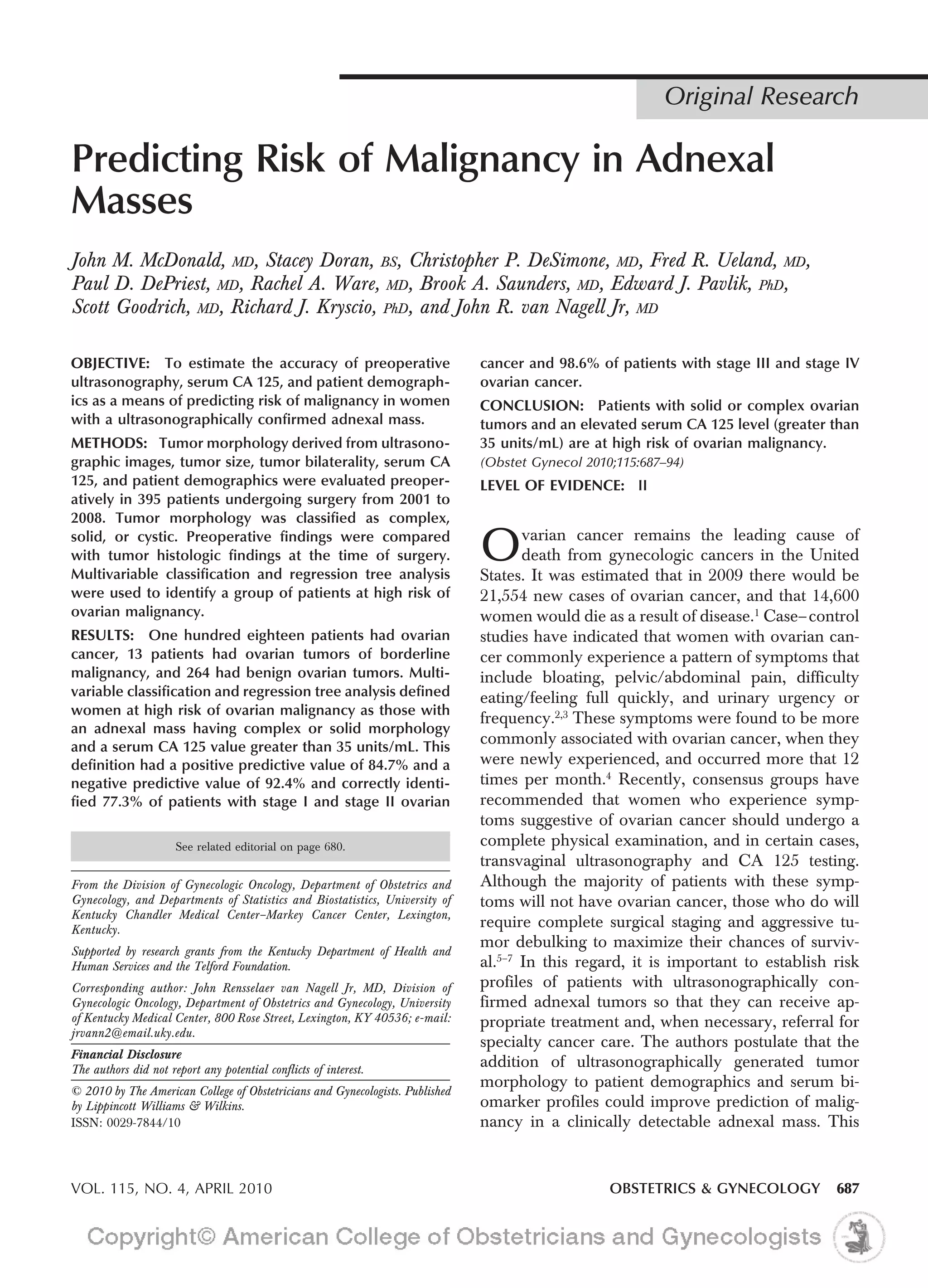 Predicting risk of_malignancy_in_adnexal_masses.4 | PDF | Cancer | Diseases and Conditions