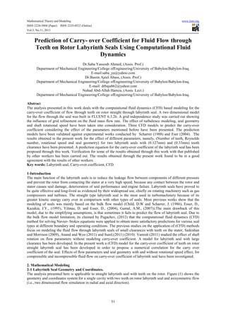 Prediction of carry over coefficient for fluid flow through teeth on rotor labyrinth seals using ...