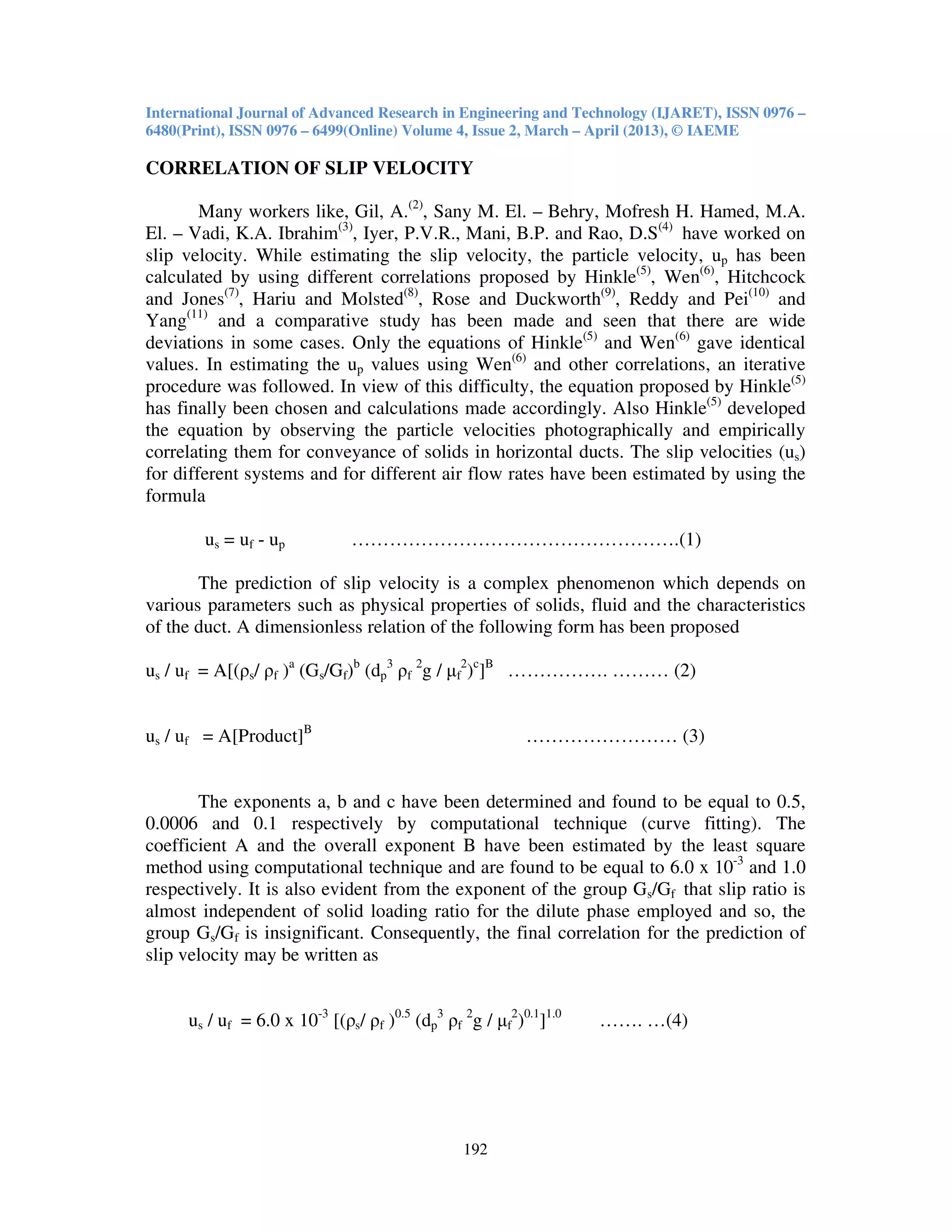 Prediction of slip velocity in the pneumatic conveyance of solids in the | PDF