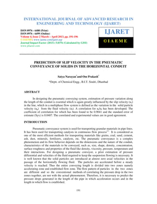Prediction of slip velocity in the pneumatic conveyance of solids in the | PDF