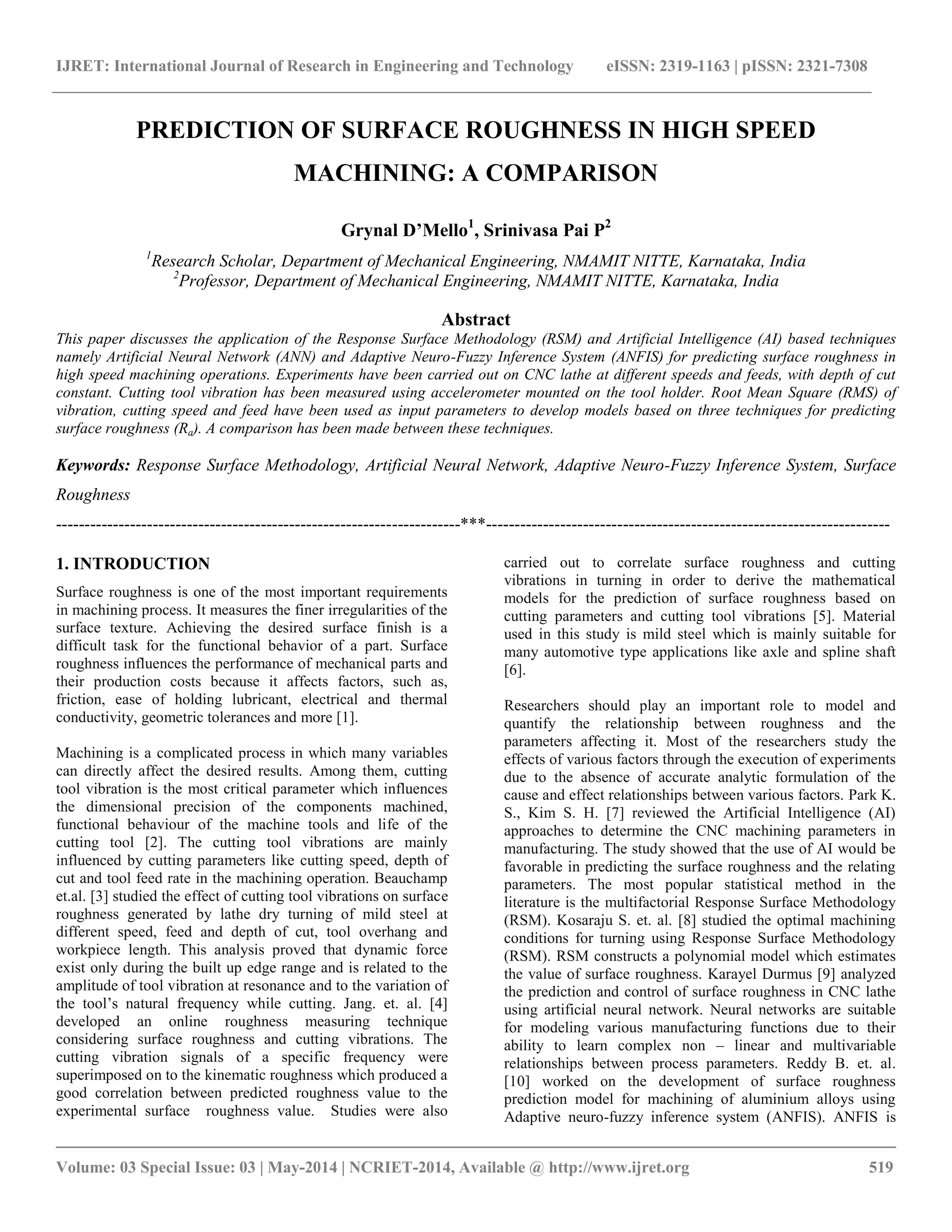 Prediction Of Surface Roughness In High Speed Machining A Comparison Pdf