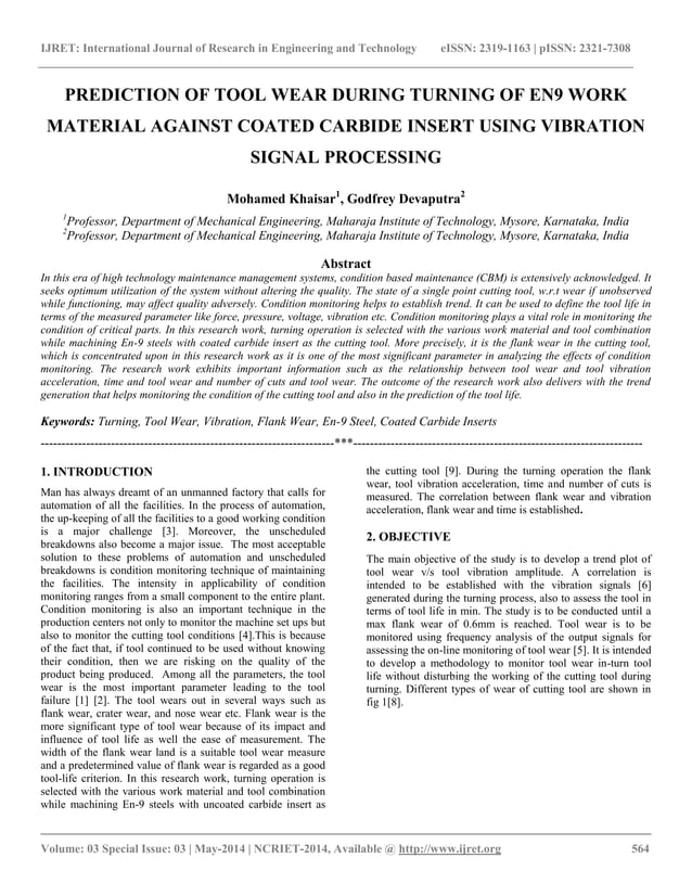 Prediction of tool wear during turning of en9 work material against coated carbide insert using ...