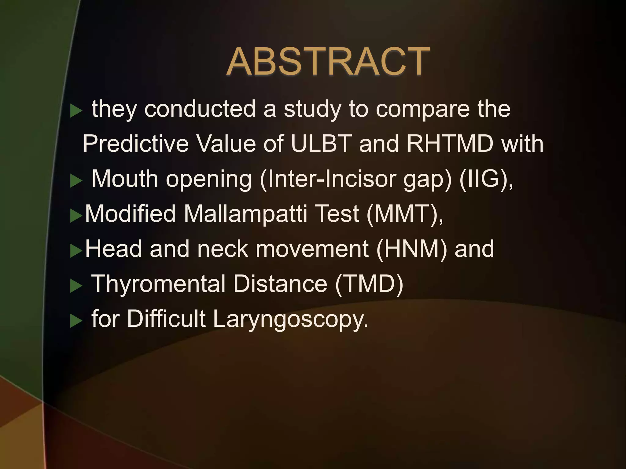 PREDICTION OF DIFFICULT AIRWAY MANAGEMENT -VARIOUS STUDIES | PPTX
