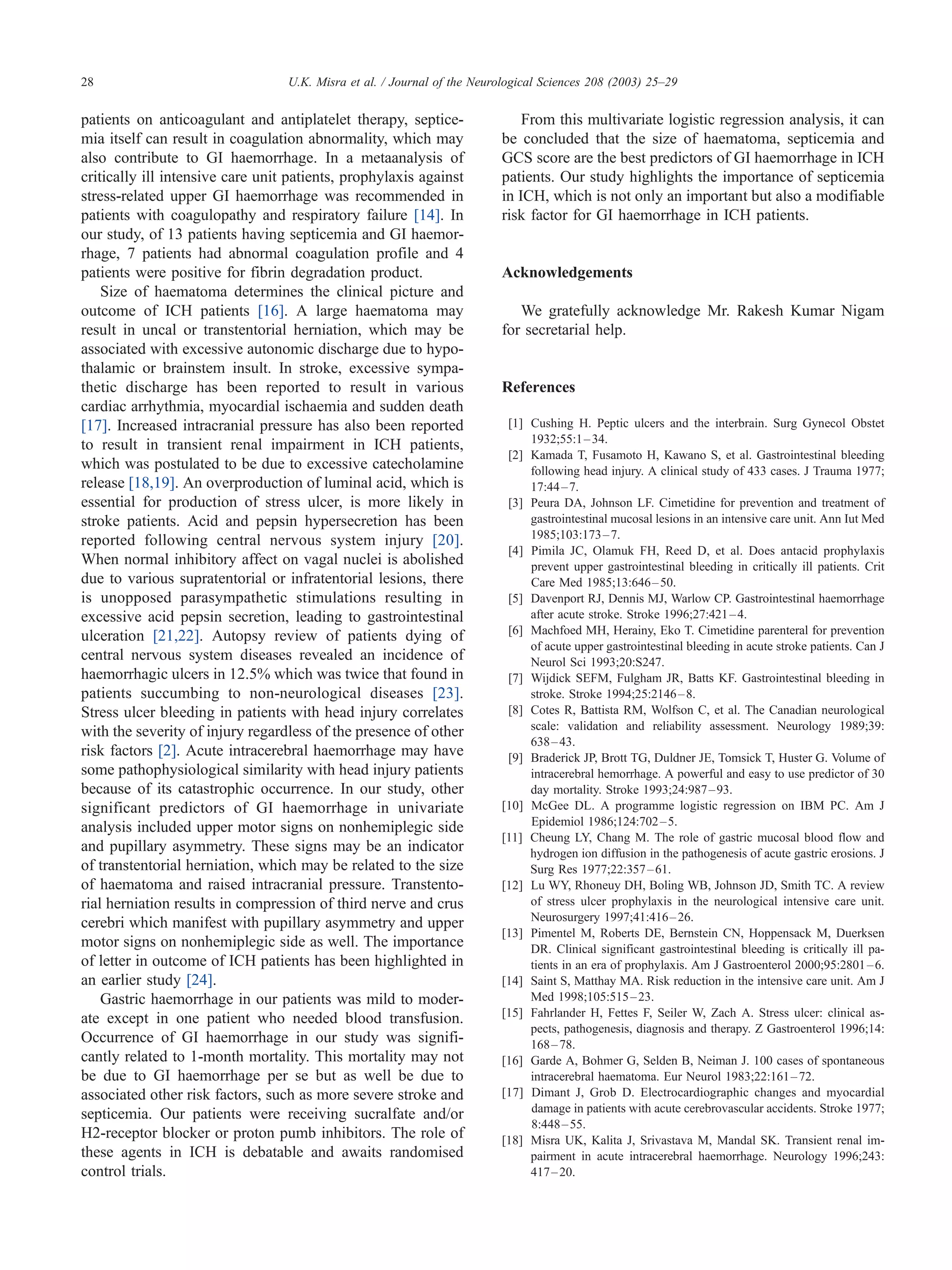 Predictors of gastrointestinal bleeding in acute intracerebral ...