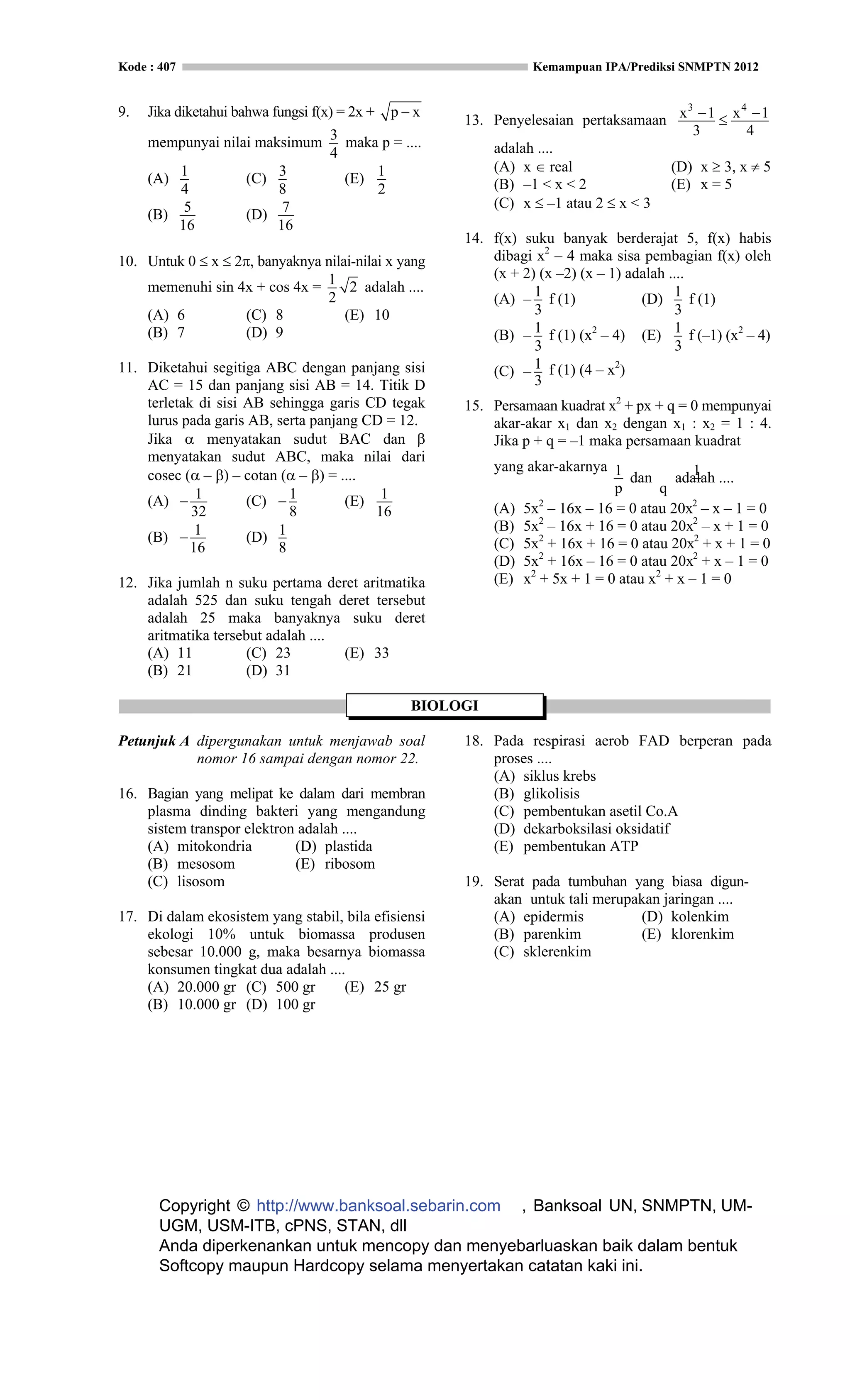Prediksi snmptn-2012-ipa-407 | PDF