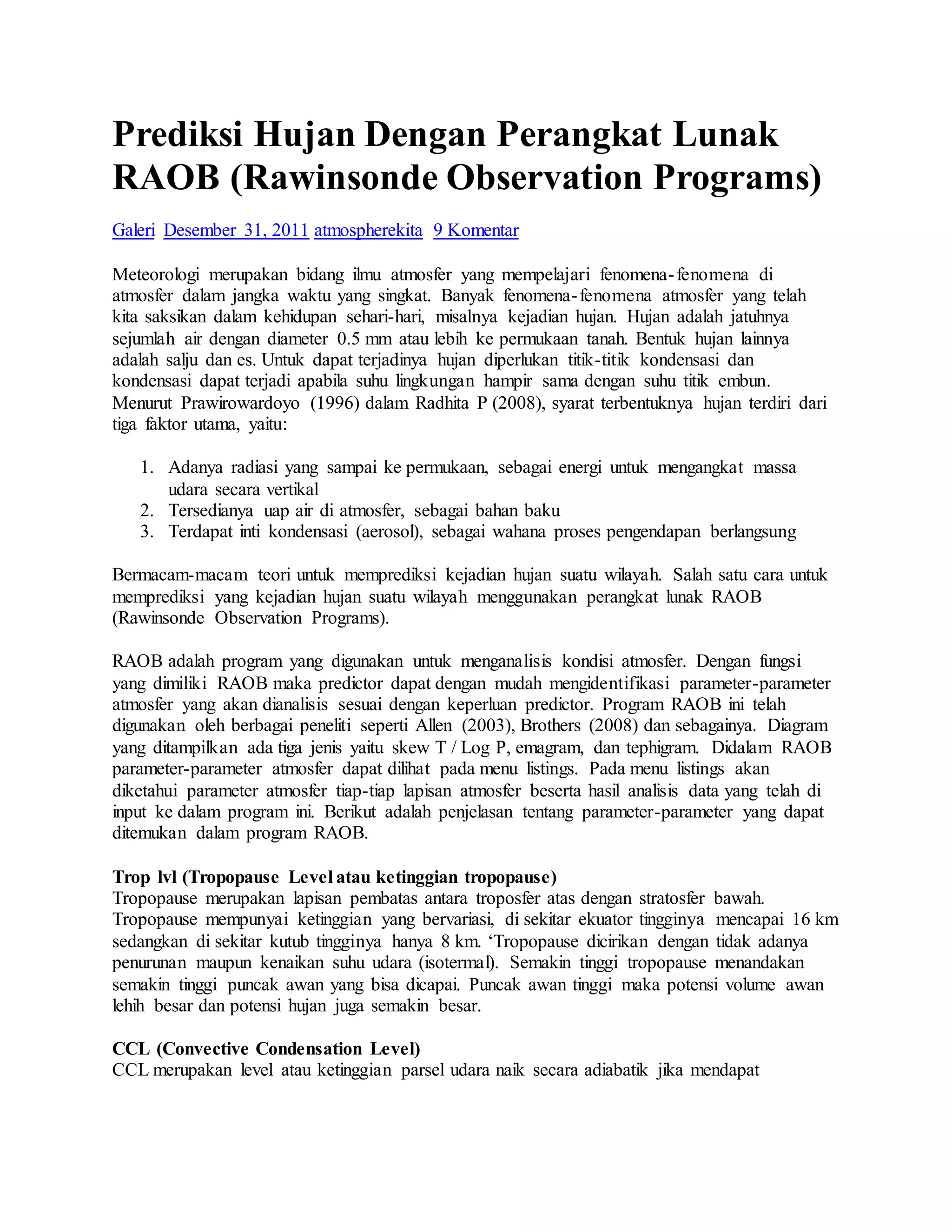 Prediksi hujan dengan perangkat lunak raob | DOCX