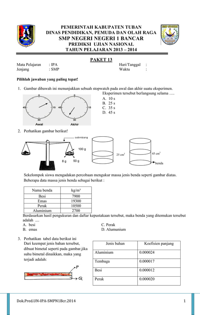 Naskah Soal Prediksi Ujian Nasional IPA SMP 2014 paket 13 | PDF