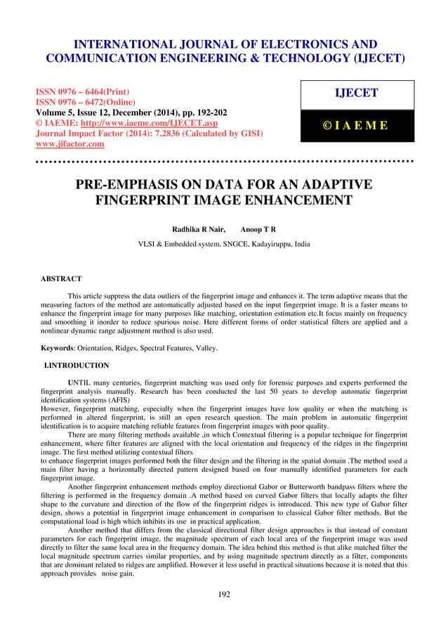 Pre emphasis on data for an adaptive fingerprint image enhancement | PDF
