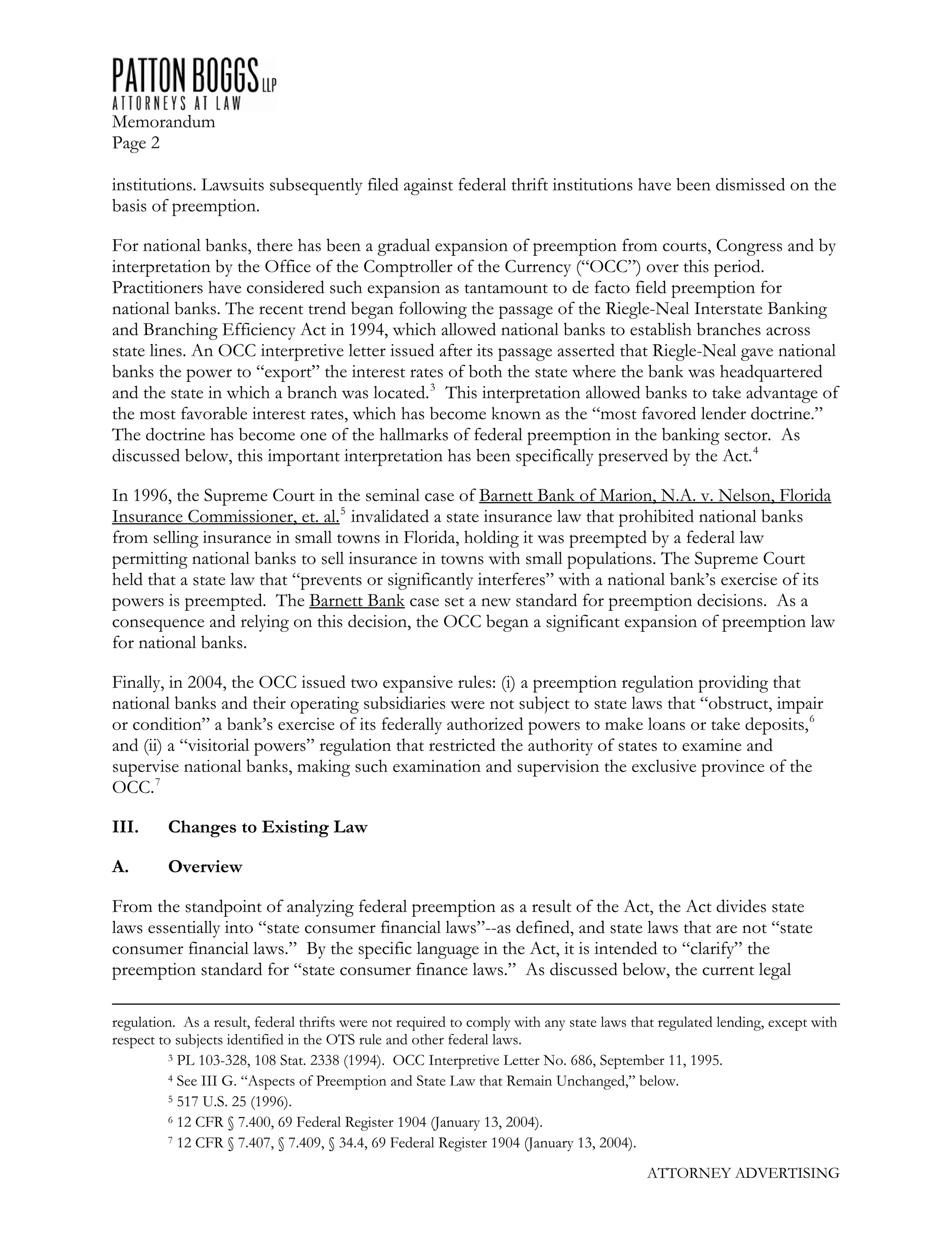 MEMO: Preemption Rules Applicable to Banks and Thrift Institutions ...