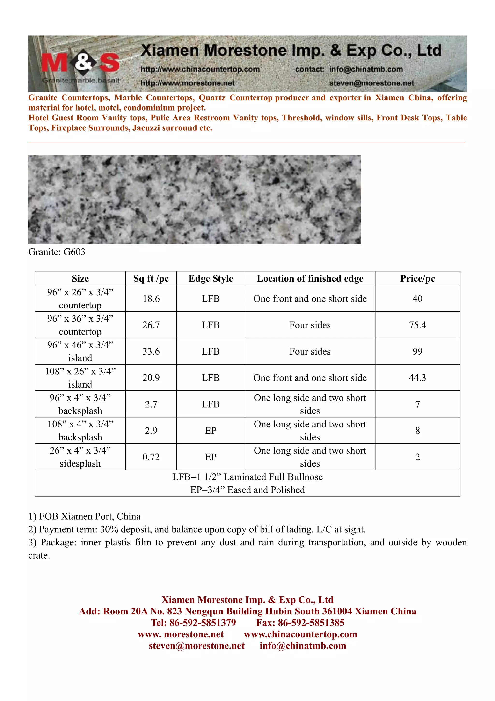 2cm Prefab Granite Countertop Blank Pricelist | PDF