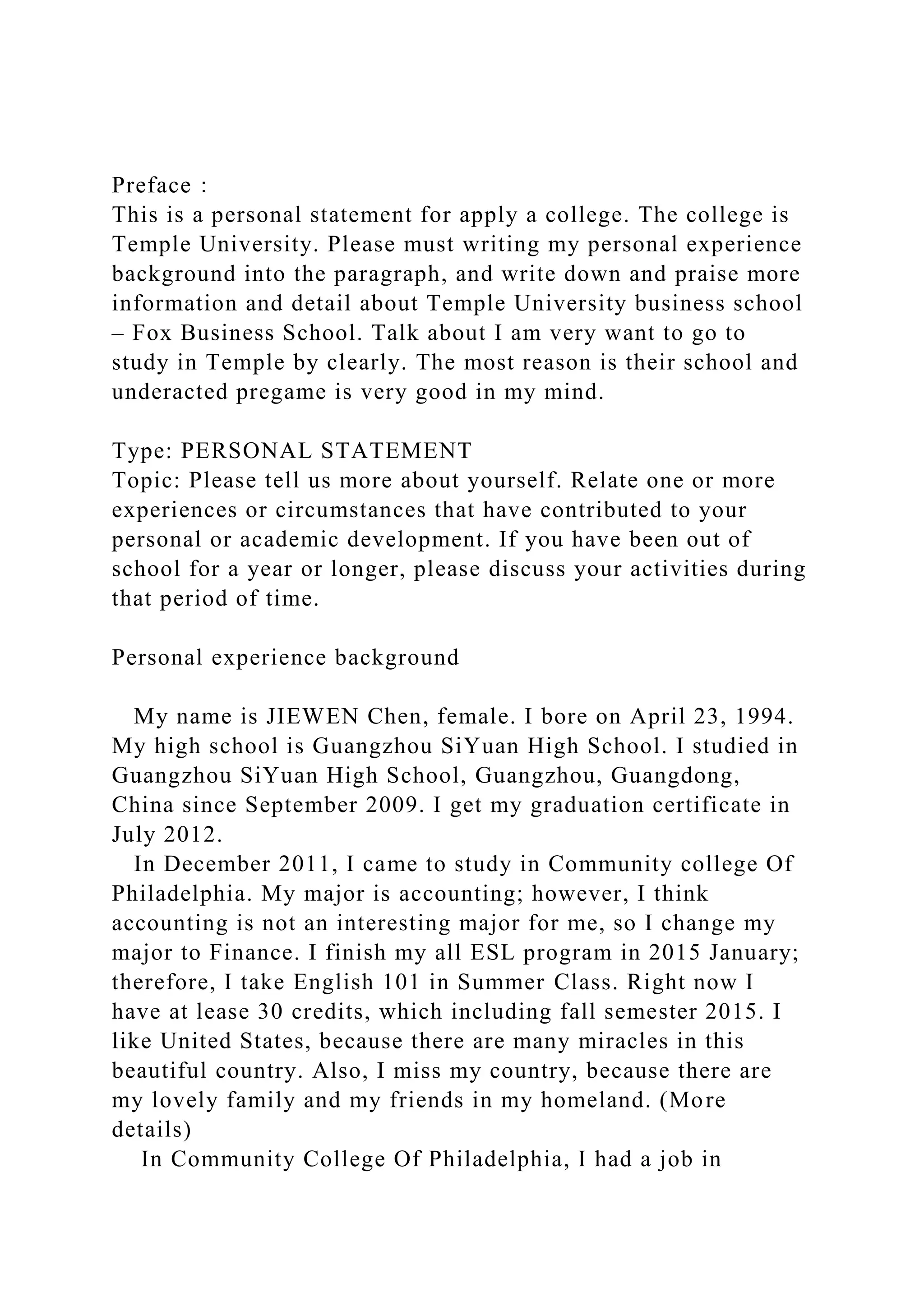 Preface：This is a personal statement for apply a college. The co.docx | College Planning ...