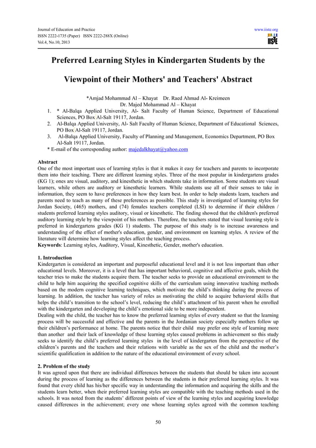 Preferred learning styles in kindergarten students by the viewpoint of ...