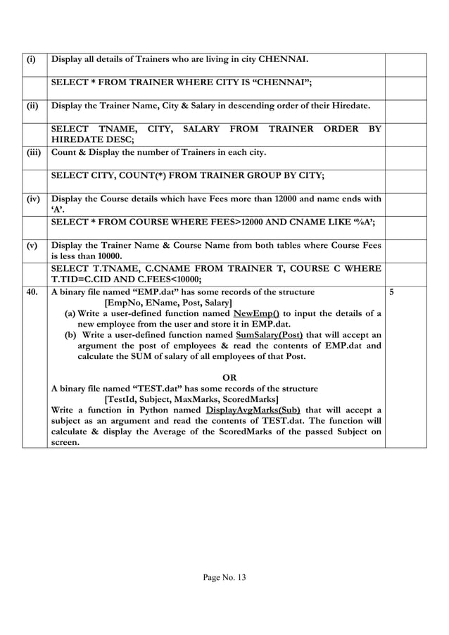 Computer Science(083) Python Pre Board Exam 1 Sample Paper Class 12 | PDF