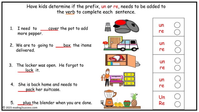 Teaching Kids How to use Prefixes (un and re) with Words that Can be ...