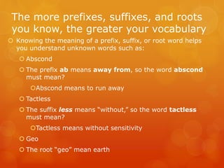 Prefixes, suffixes, and roots | PPT