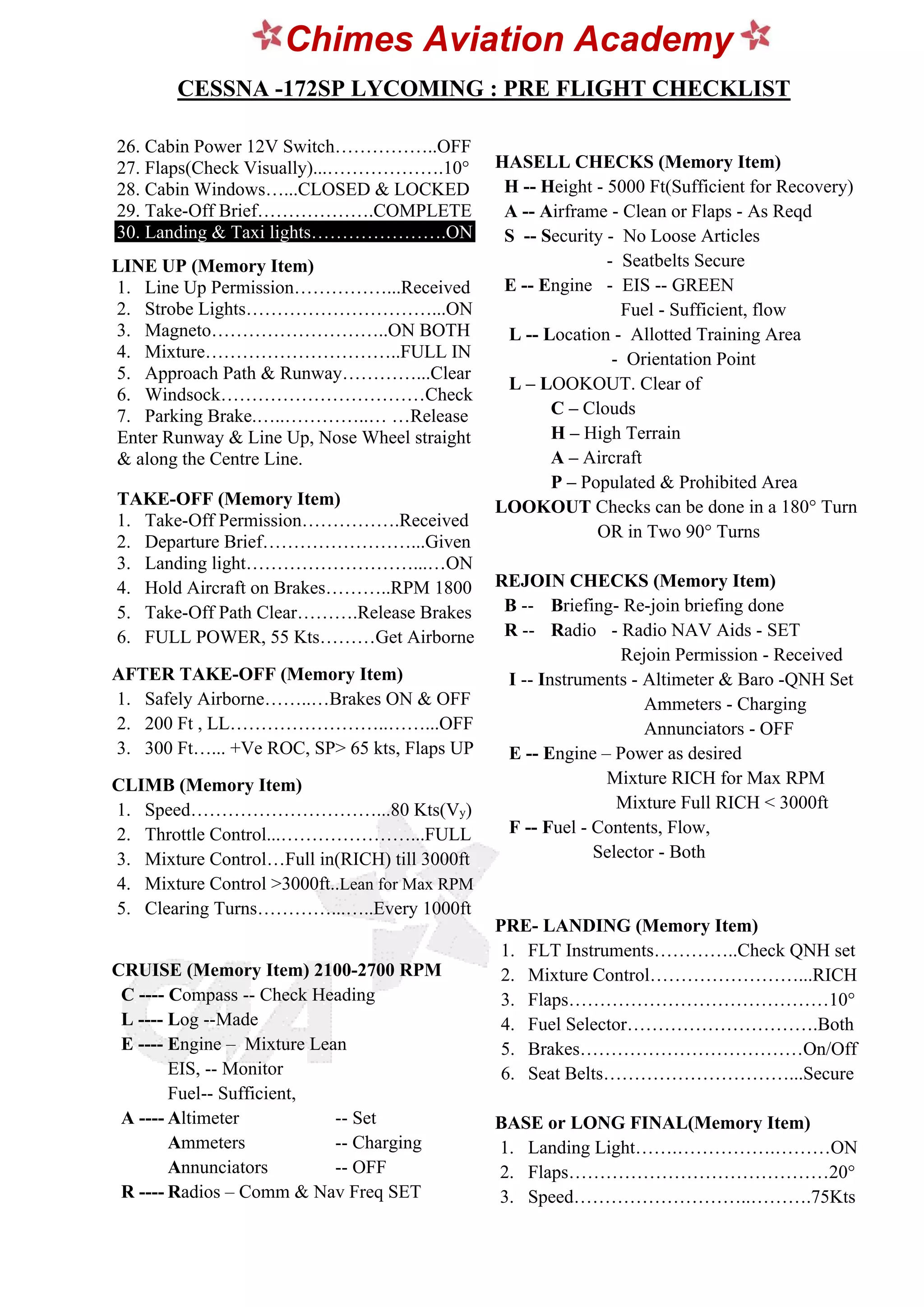 Preflight Checklist - CESSNA 172R LYCOMING CHIMES AVIATION ACADEMY 2020 | PDF