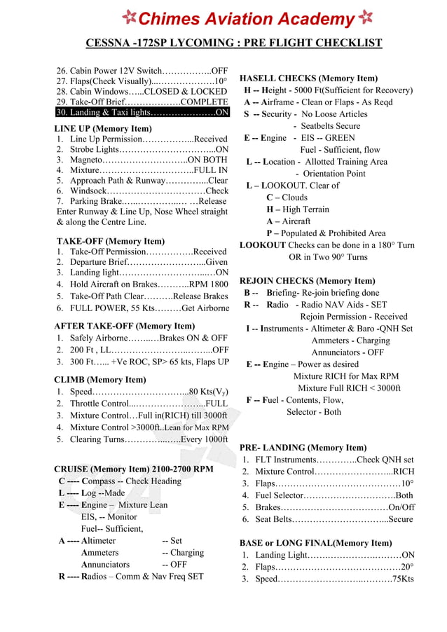 Preflight Checklist - CESSNA 172R LYCOMING CHIMES AVIATION ACADEMY 2020 ...