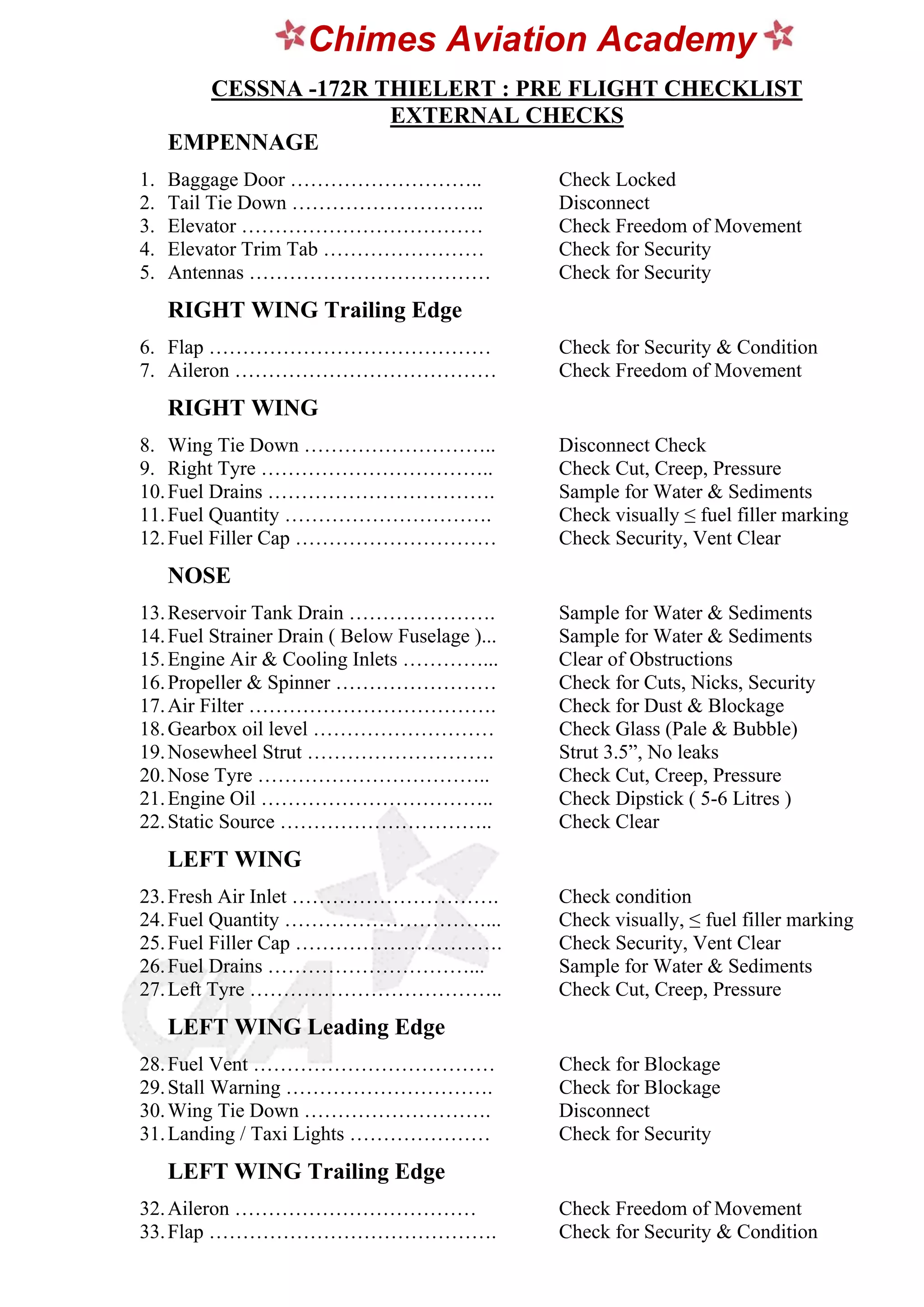 Preflight Checklist CESSNA 172 Thielert CHIMES AVIATION ACADEMY | PDF