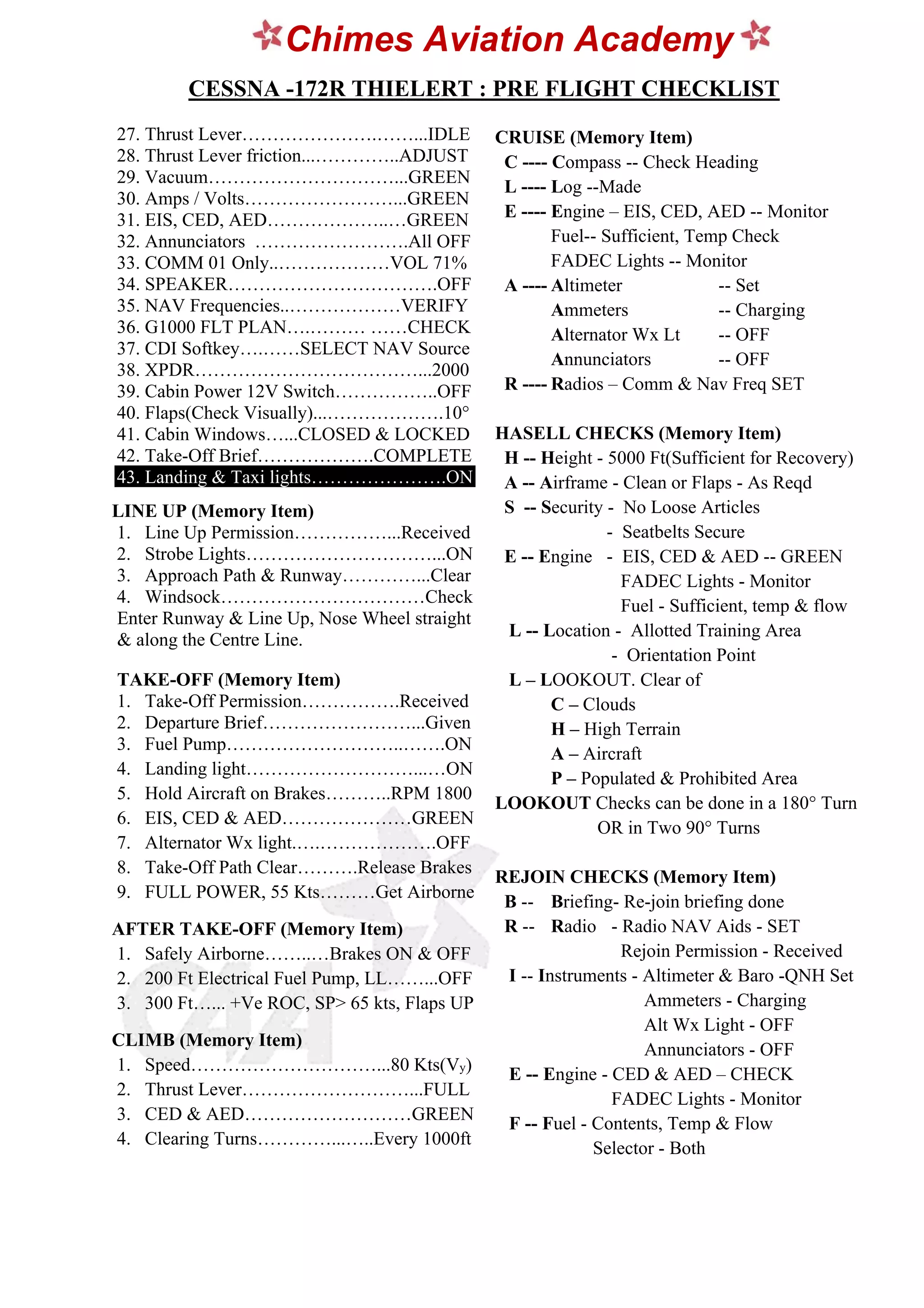 Preflight Checklist CESSNA 172 Thielert CHIMES AVIATION ACADEMY | PDF