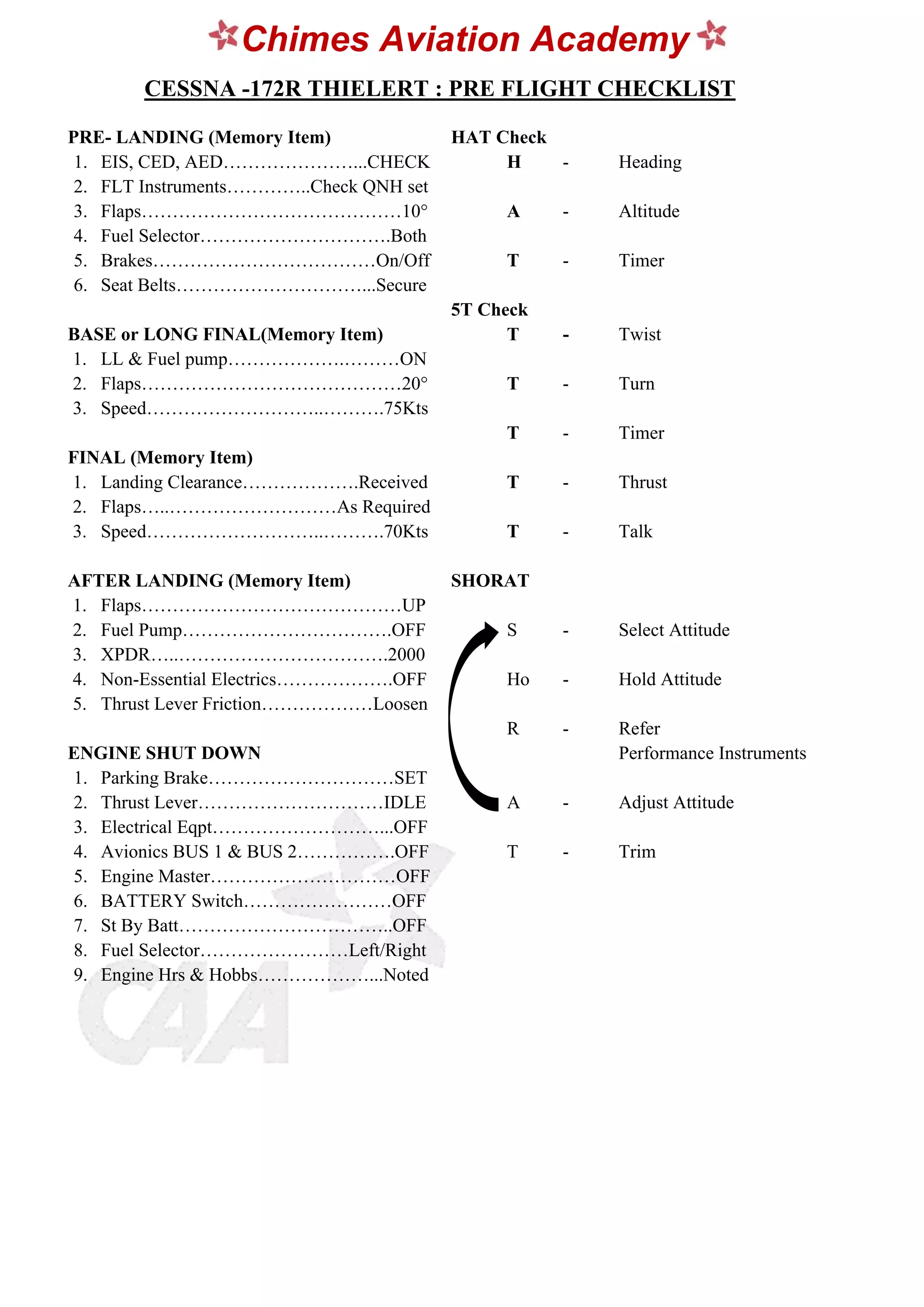 Preflight Checklist CESSNA 172 Thielert CHIMES AVIATION ACADEMY | PDF