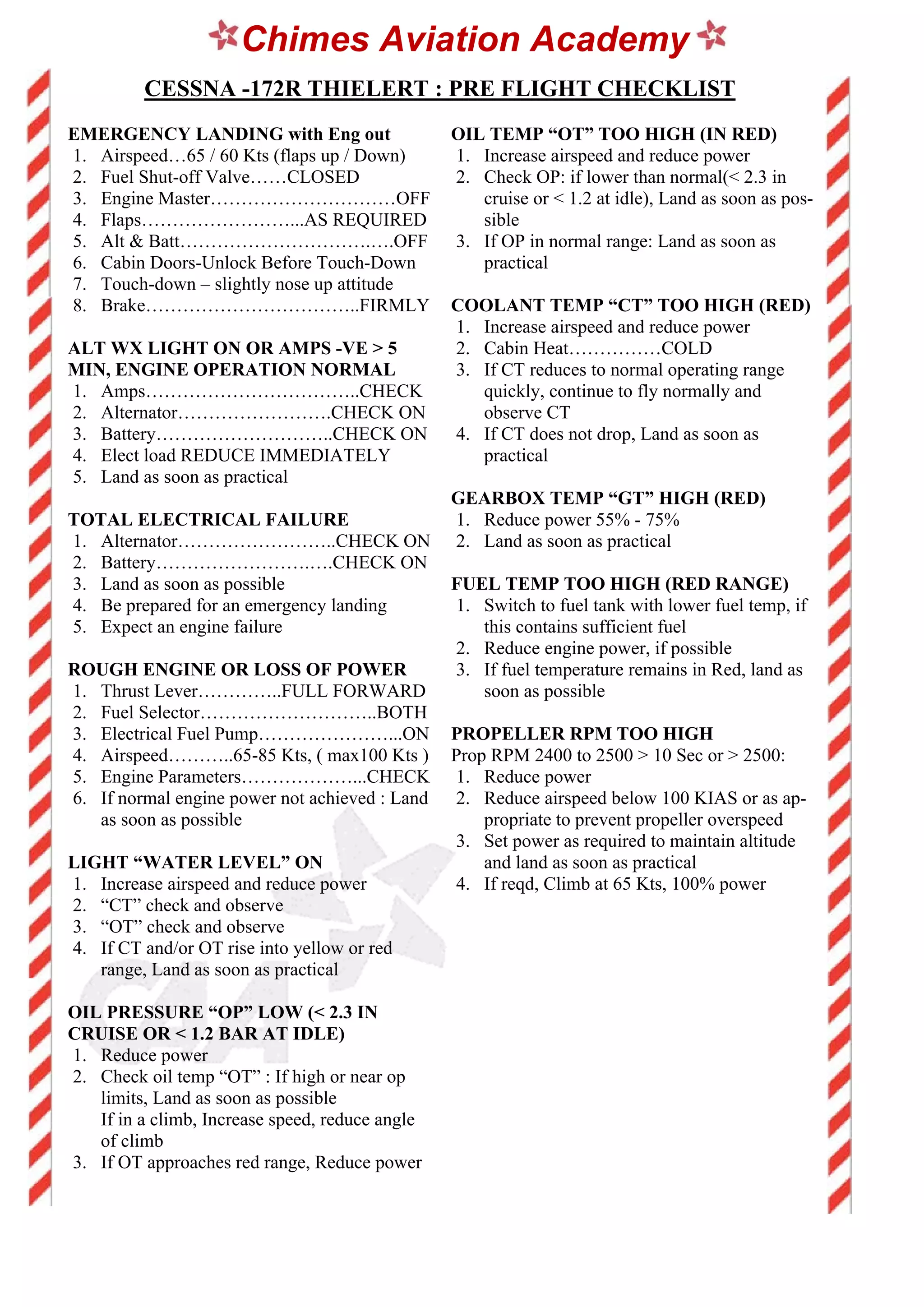 Preflight Checklist CESSNA 172 Thielert CHIMES AVIATION ACADEMY | PDF