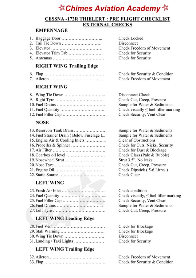 Preflight Checklist CESSNA 172 Thielert CHIMES AVIATION ACADEMY | PDF