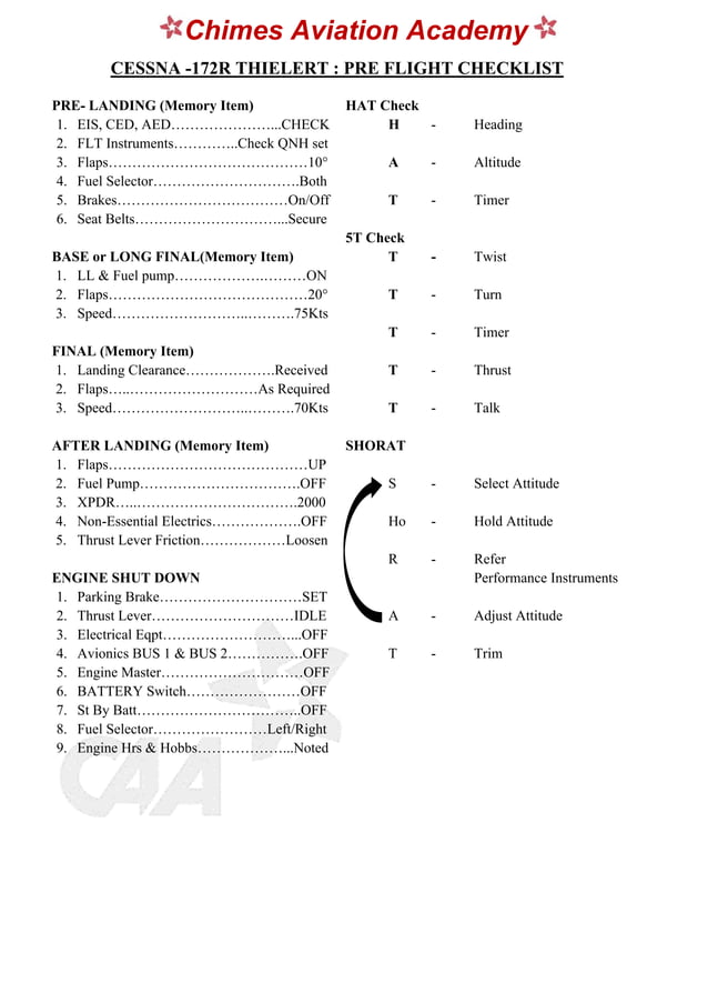 Preflight Checklist CESSNA 172 Thielert CHIMES AVIATION ACADEMY | PDF