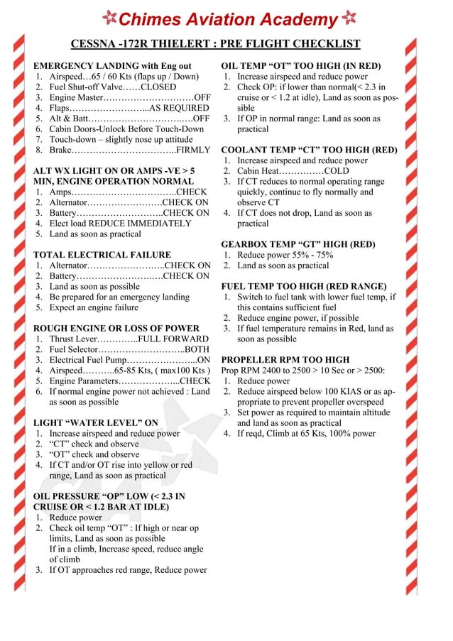 Preflight Checklist CESSNA 172 Thielert CHIMES AVIATION ACADEMY | PDF