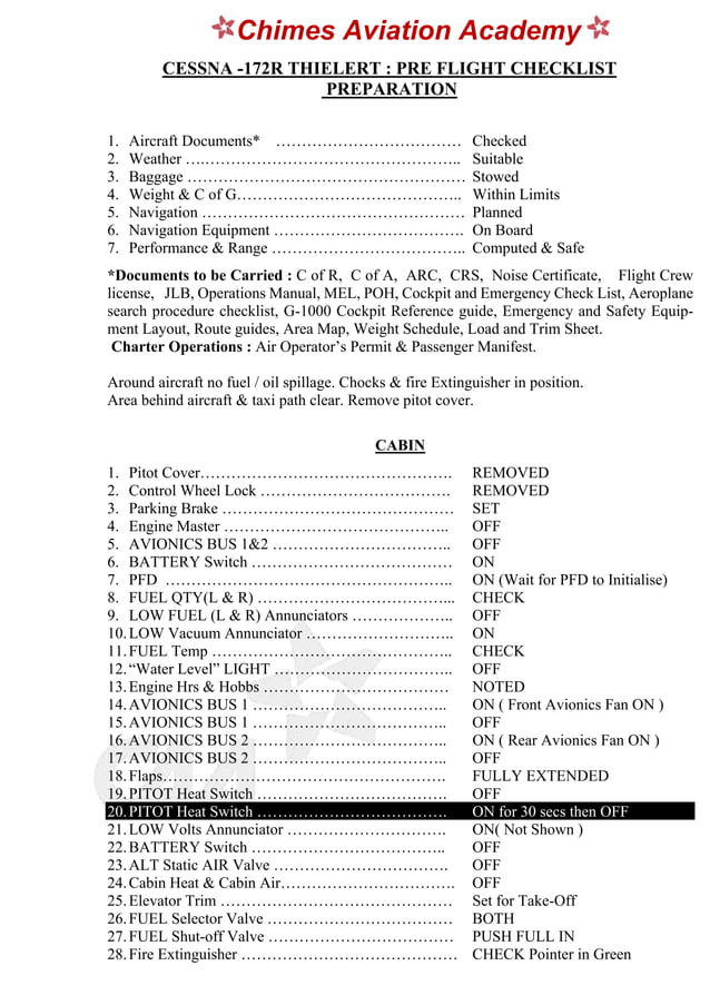 Preflight Checklist CESSNA 172 Thielert CHIMES AVIATION ACADEMY | PDF