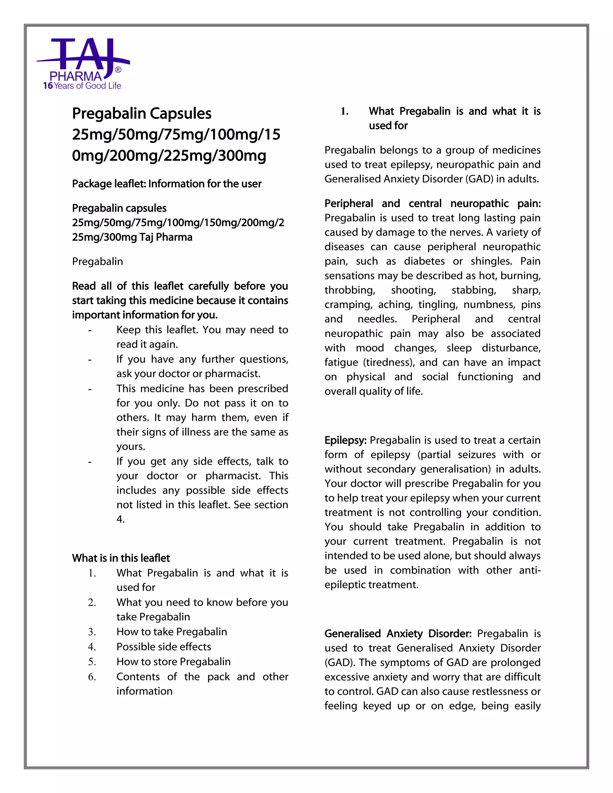 Pregabalin Capsules Taj Pharma PIL | PDF