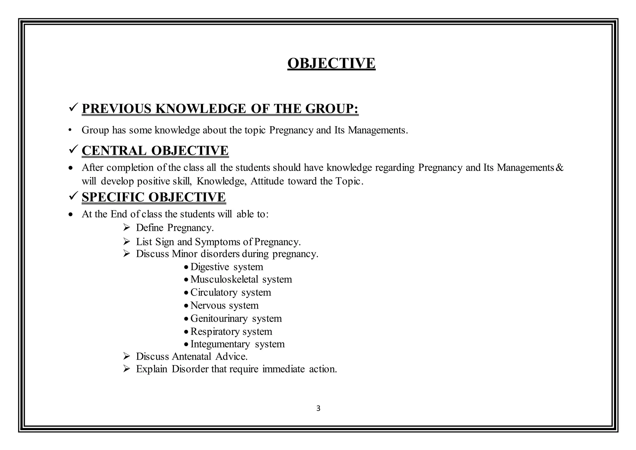 Pregnancy & its management -sign & symptoms in lesson Plan | DOCX