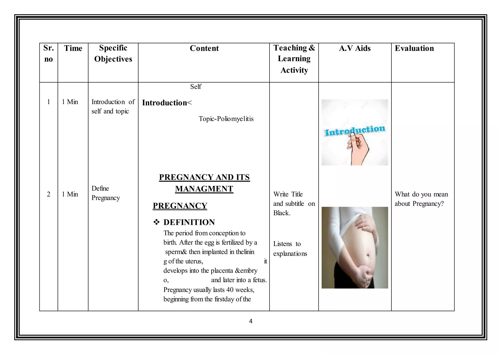 Pregnancy & its management -sign & symptoms in lesson Plan | DOCX