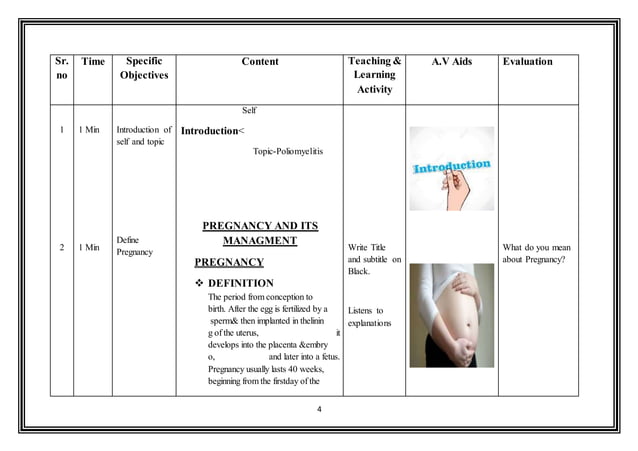 Pregnancy & its management -sign & symptoms in lesson Plan | DOCX ...